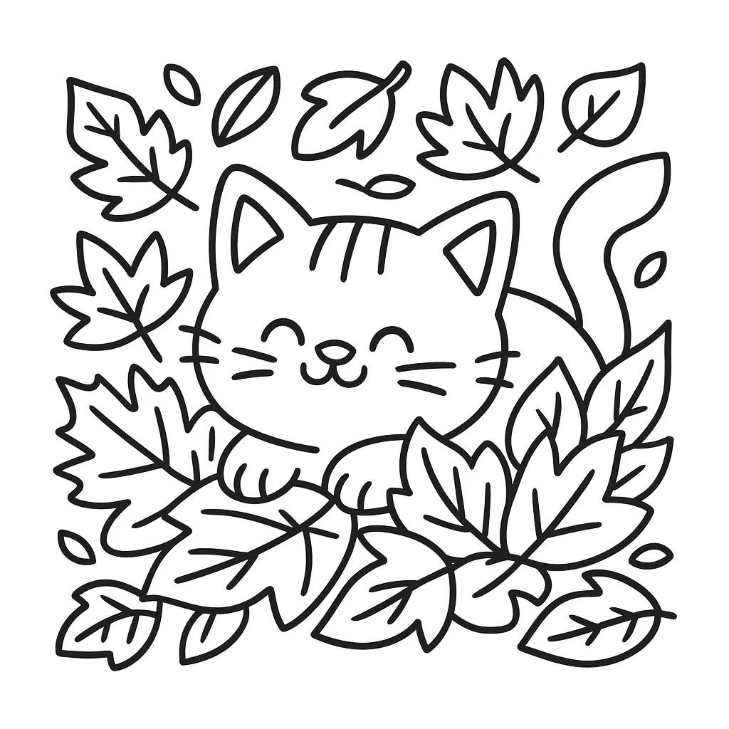 Cat among Autumn Leaves - Bold and Easy Coloring Pages