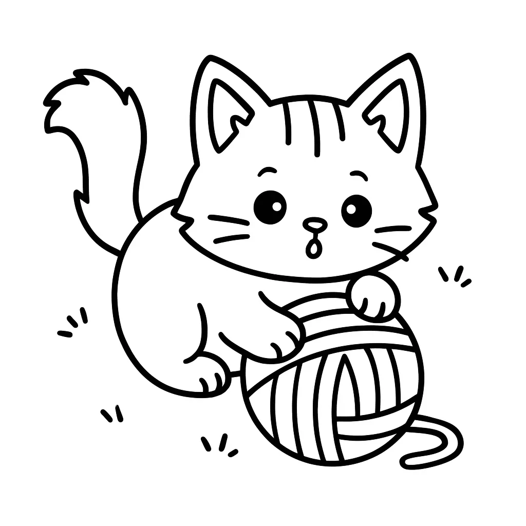 Curious Kitten with Yarn - Bold and Easy Coloring Pages