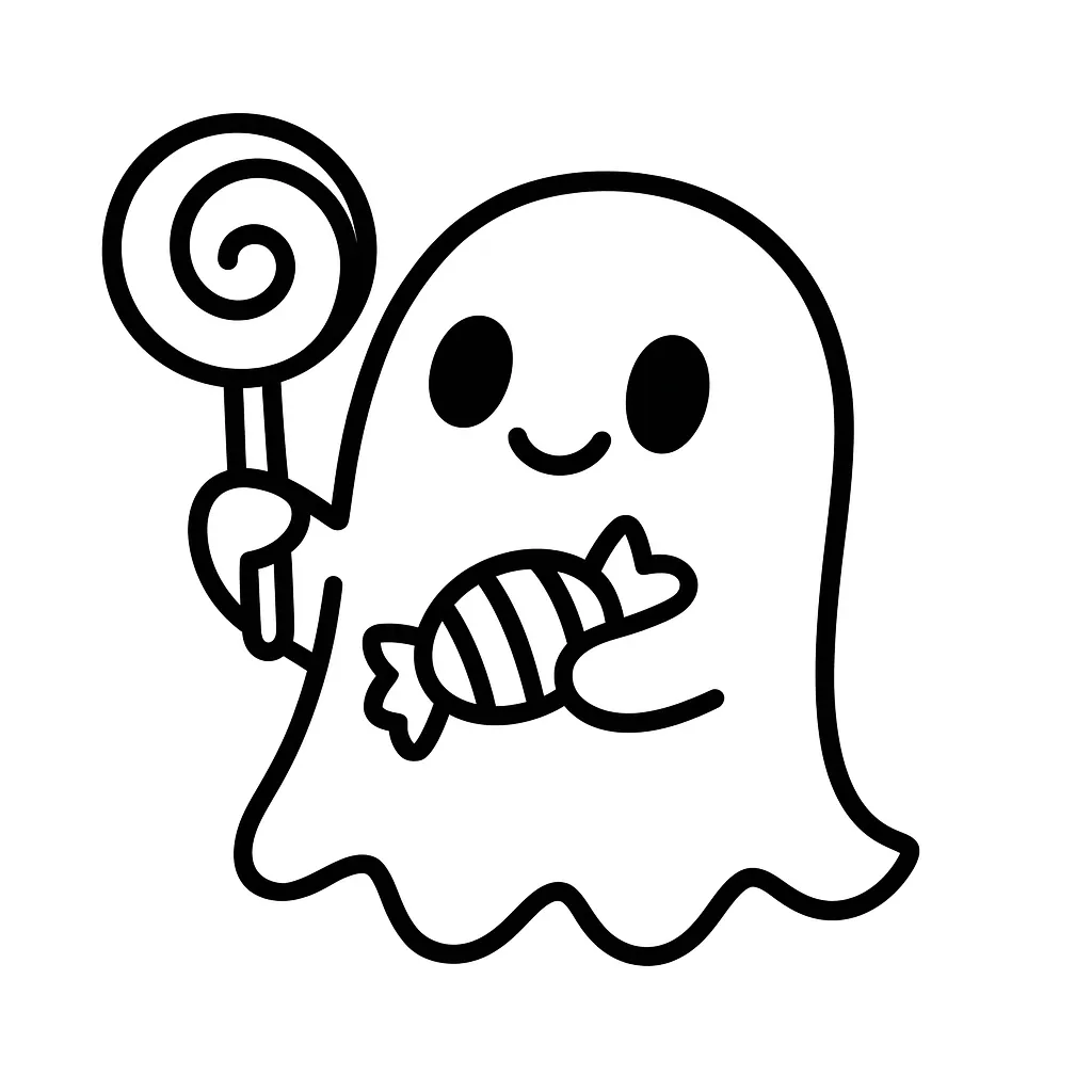 Cute Ghost with Candy - Bold and Easy Coloring Pages