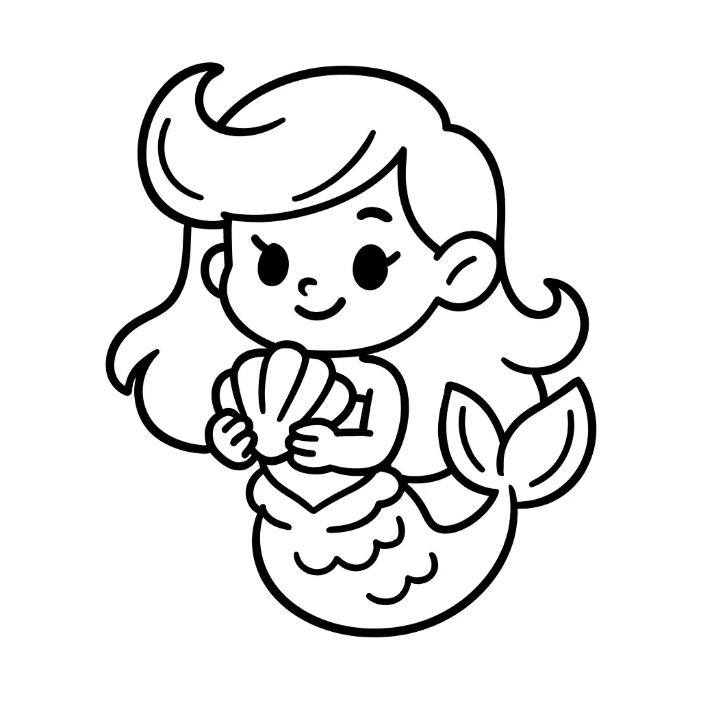 Cute Mermaid with Shell - Bold and Easy Coloring Pages